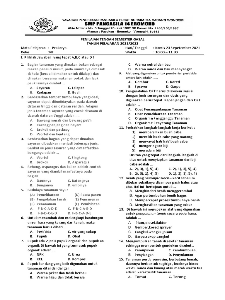 Soal PTS Gasal 7-21 | PDF | Sains & Matematika