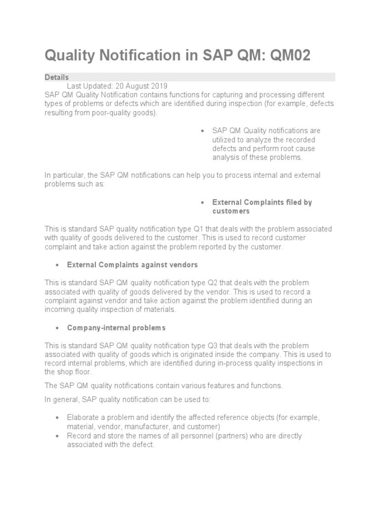 Quality Notification in SAP QM: QM02: Details | Download Free PDF ...