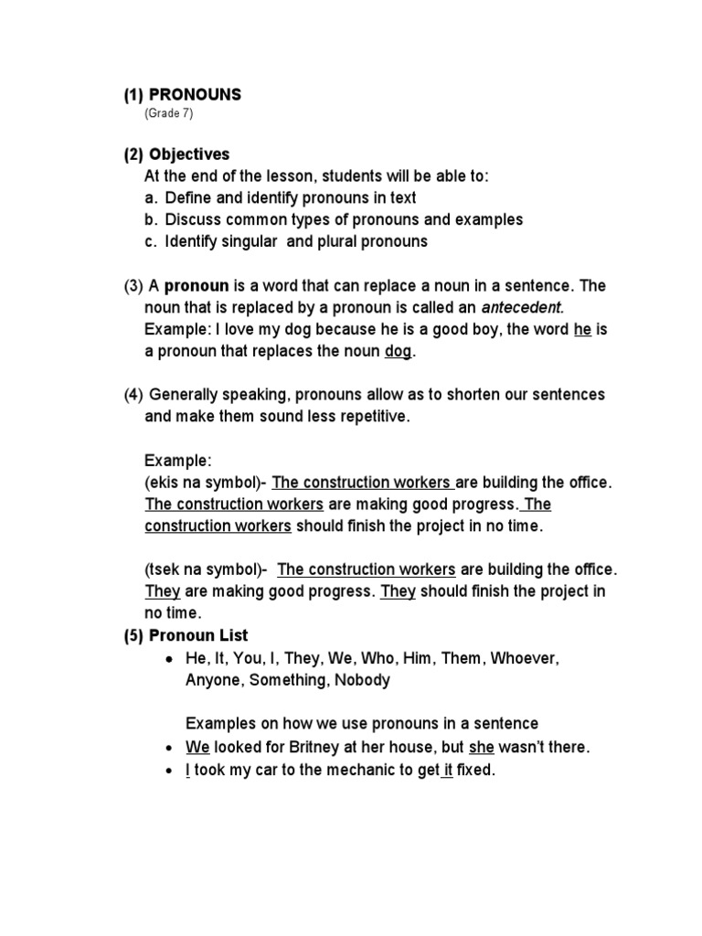 Pronouns: (Grade 7) | Download Free PDF | Pronoun | Grammatical Number