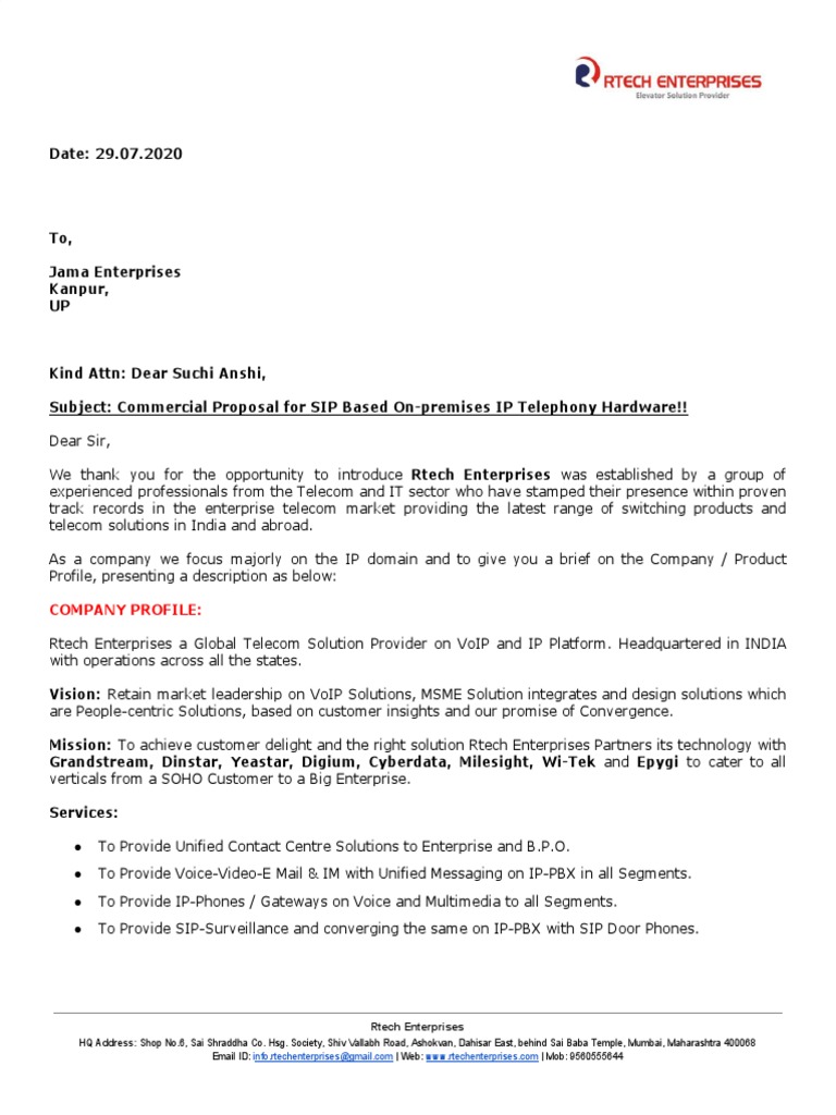 Techno-Commercial Proposal of SIP Based On-Premises IP Telephony ...