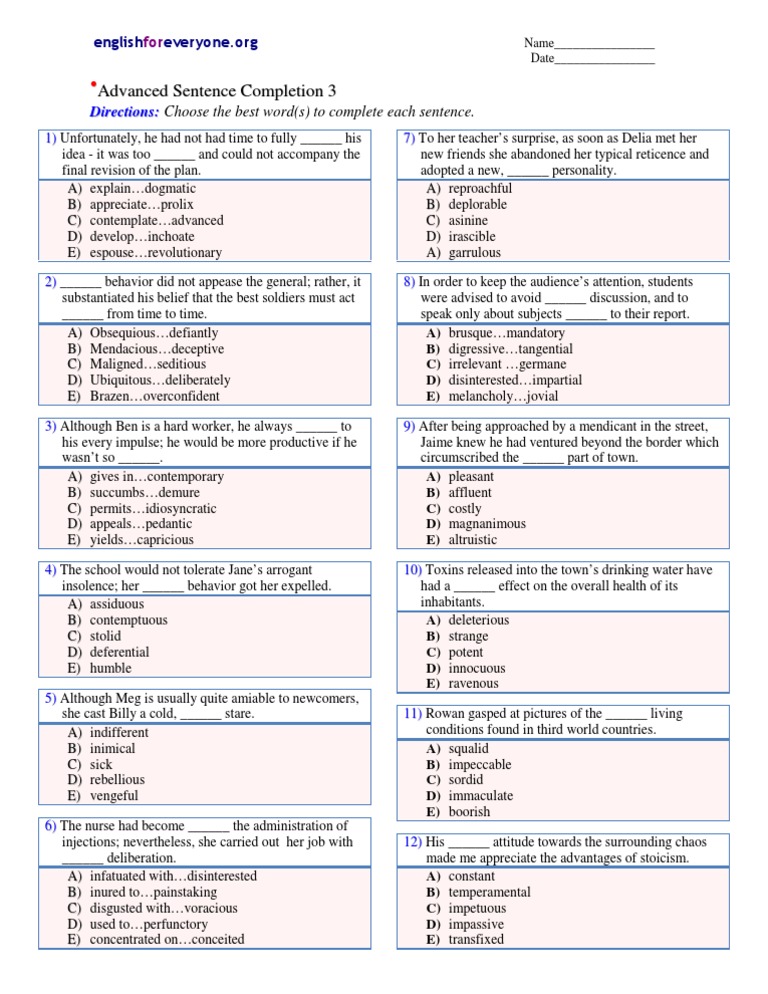 Advanced Sentence Completion - 3 | PDF