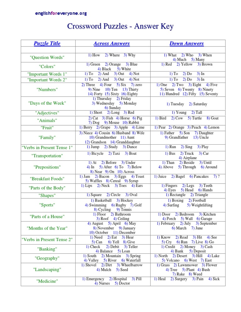 Crossword Puzzles - Answer Key | PDF | Nature