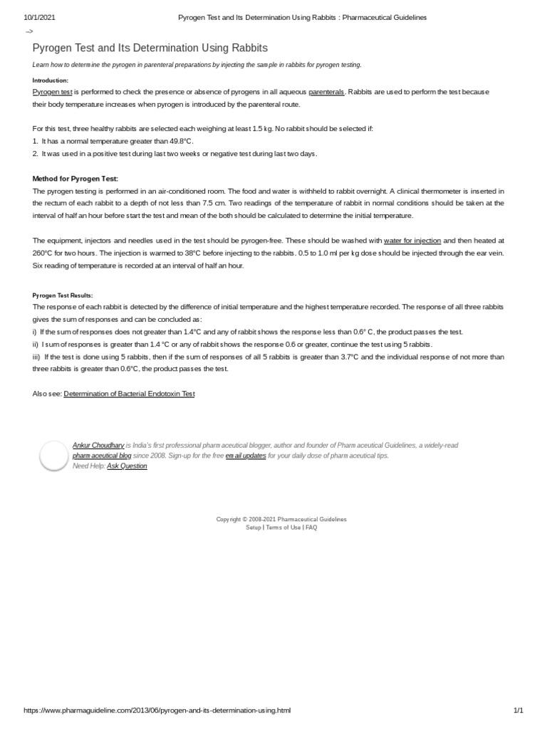 Pyrogen Test and Its Determination Using Rabbits - Pharmaceutical ...