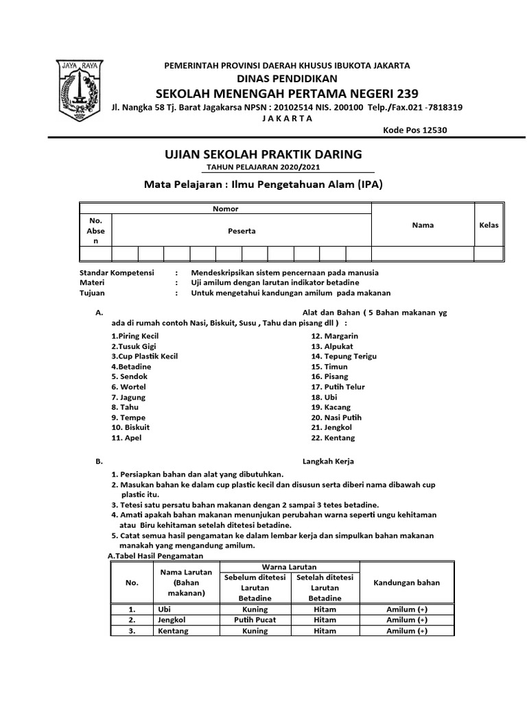 LEMBAR KERJA UJIAN PRAKTEK IPA Edit | PDF