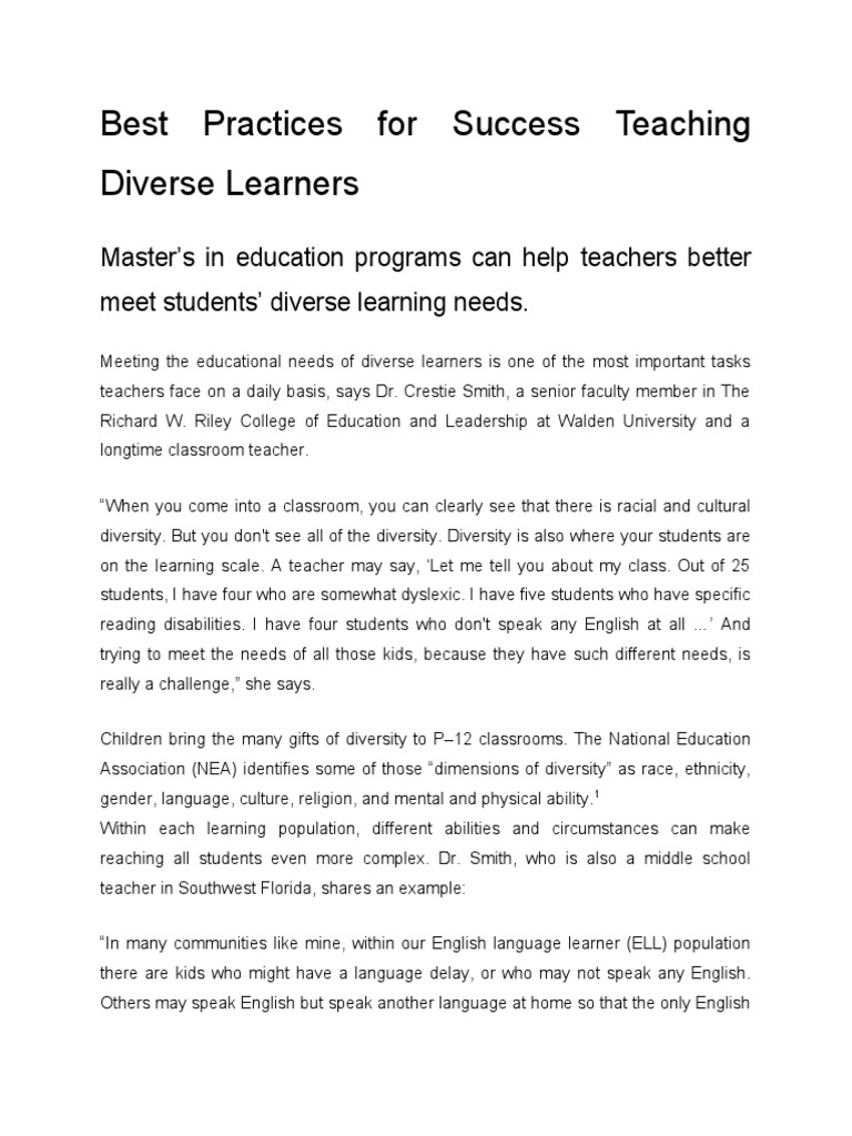 Best Practices For Success Teaching Diverse Learners | PDF | Learning ...