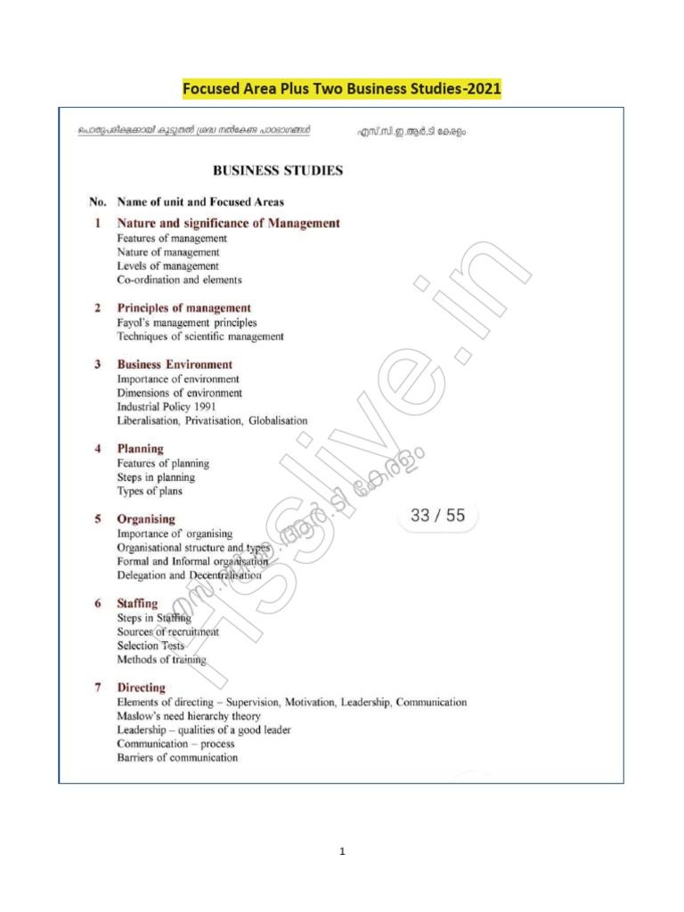 Hsslive Xii Business Studies Quick Notes Based On Scert Focus Area ...
