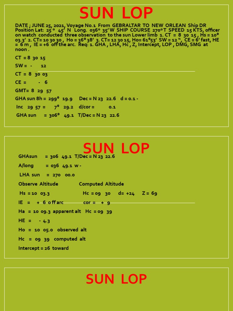 Sun LOP Calculations for Voyage 1 | PDF | Teaching Methods & Materials
