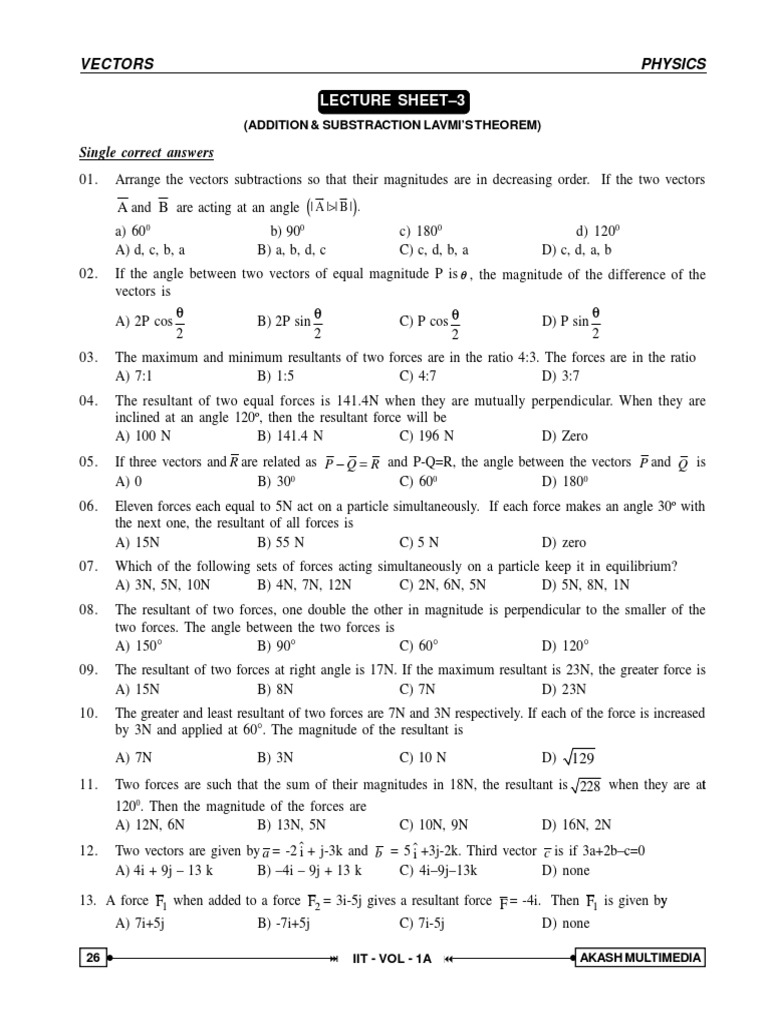 Vectors Physics: Lecture Sheet-3 | PDF | Force | Euclidean Vector