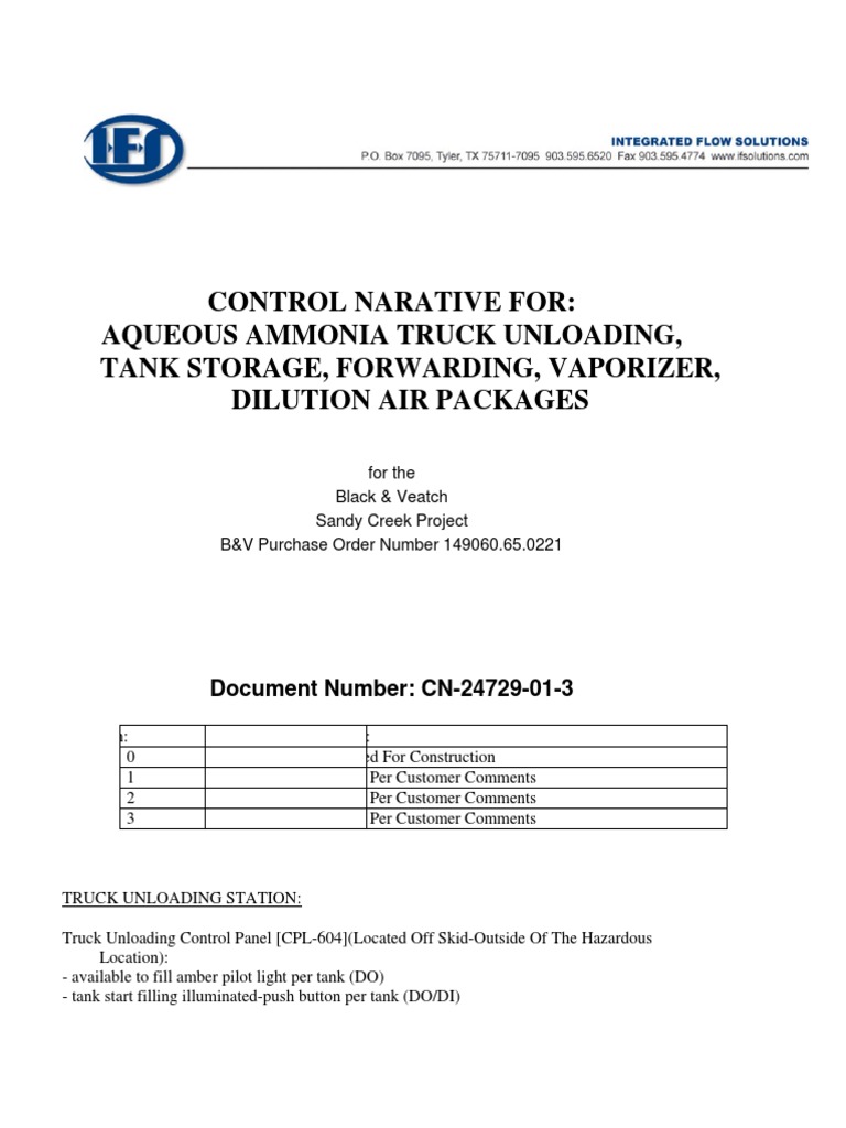 AMMONIA TRUCK UNLOADING AND VAPORIZER CONTROL NARRATIVE | PDF | Valve ...