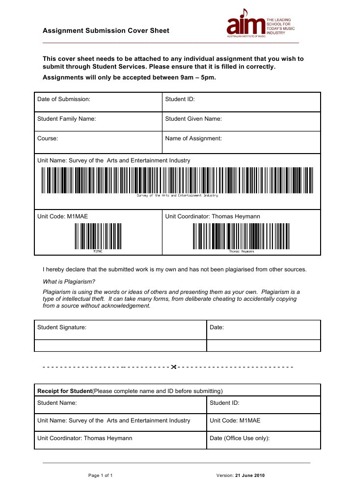 Assignment Submission Cover Sheet: Receipt For Student (Please Complete Name and ID Before ...