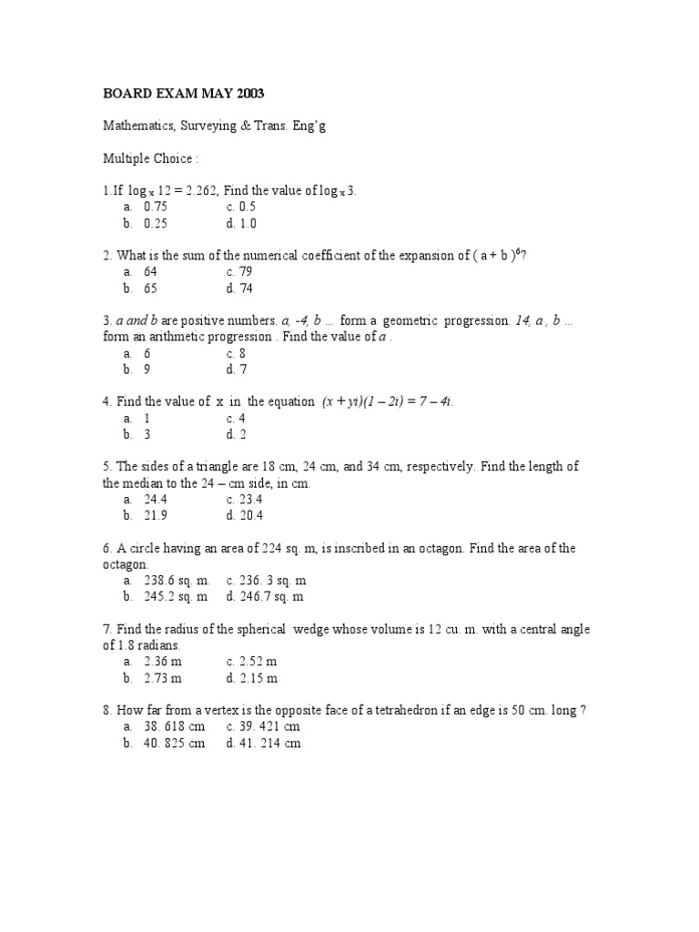 Analysis of Board Exam Questions Covering Mathematics, Surveying ...