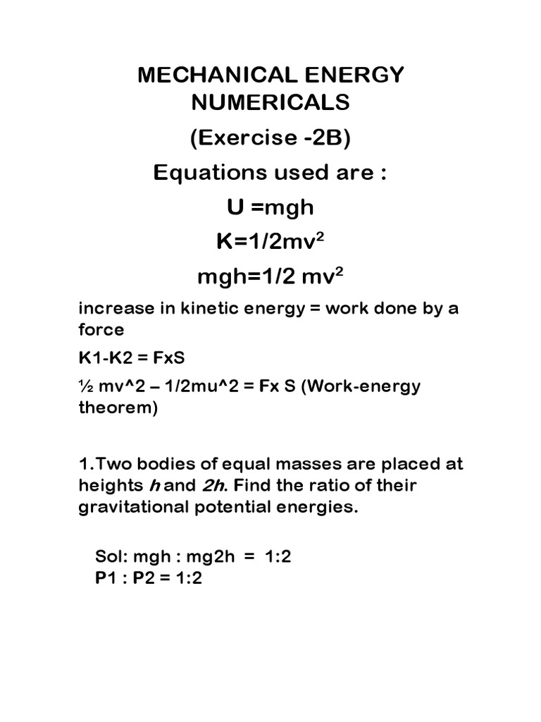 Mechanical Energy Numerical Exercises | PDF | Potential Energy ...