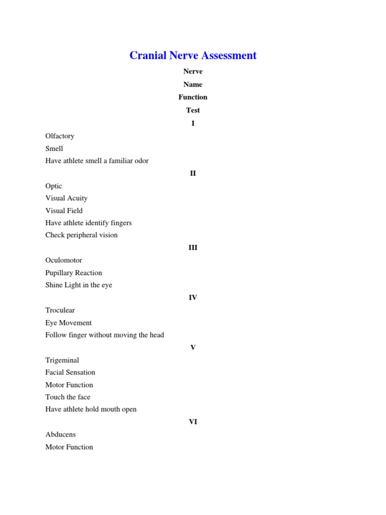 Cranial Nerve Assessment: Nerve Name Function Test I | PDF ...