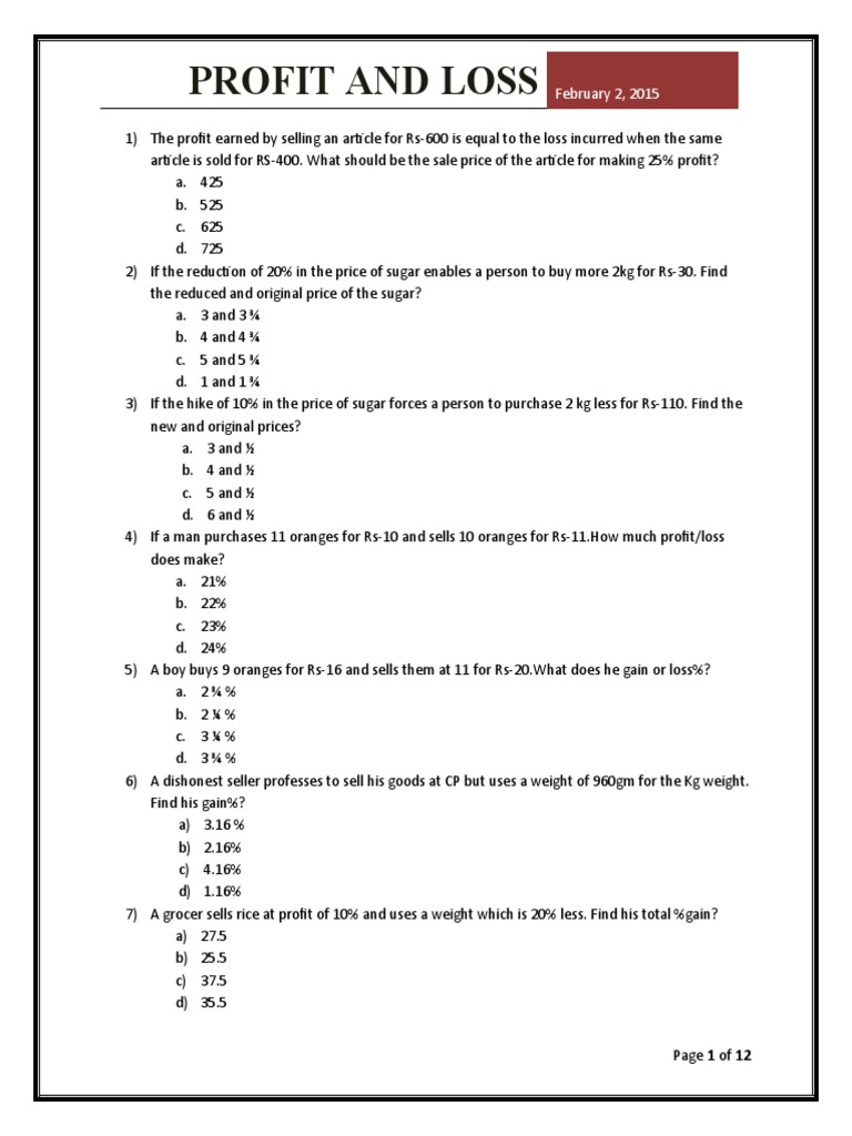 Test Profit and Loss | PDF | Prices | Sales