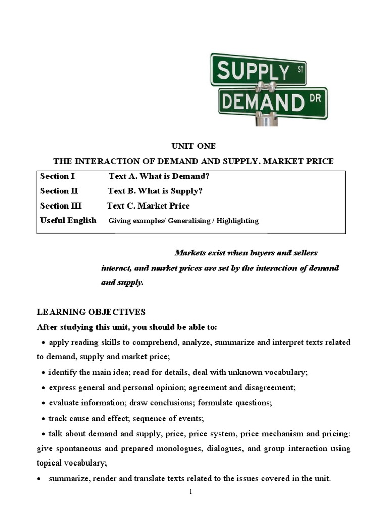 Unit One The Interaction of Demand and Supply. Market Price | PDF ...
