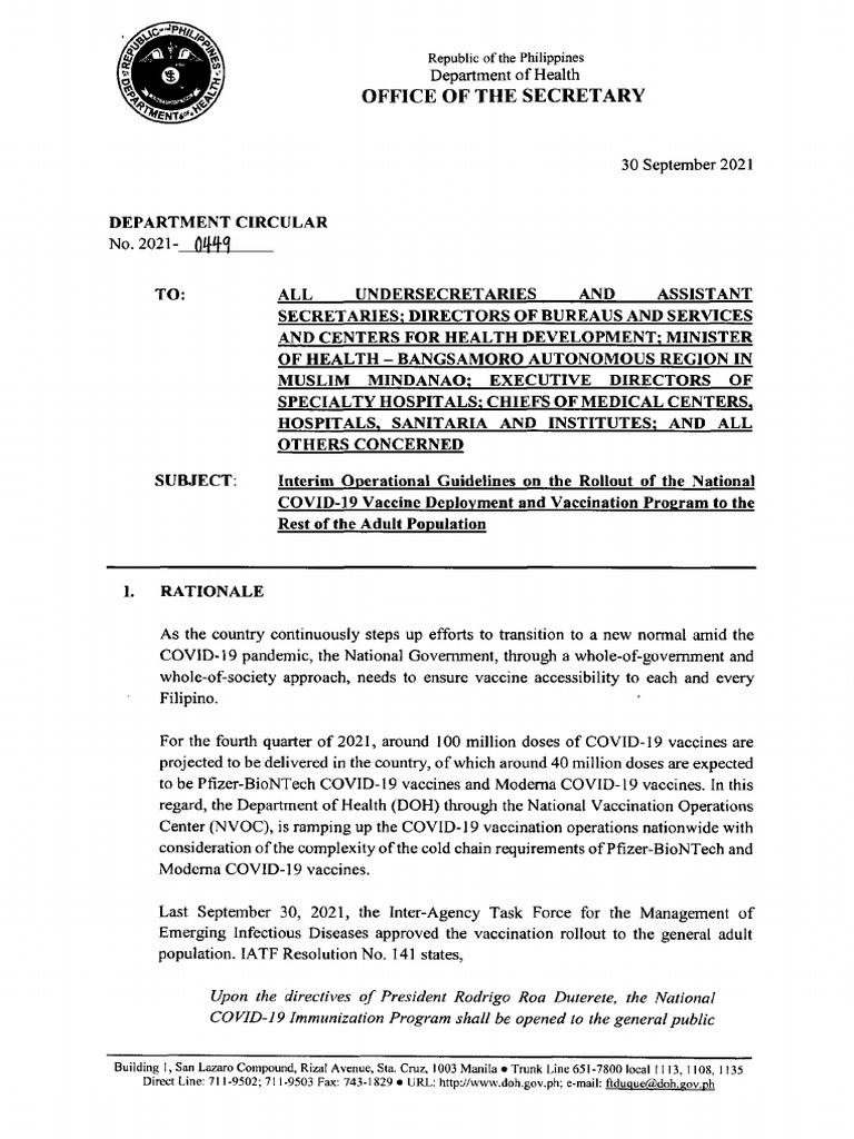 DOH Memo On Vaccination of Adult General Population | PDF | Medical ...