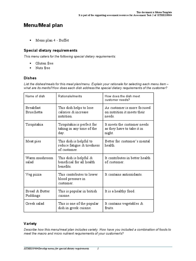 Menu/Meal Plan: Special Dietary Requirements | PDF | Menu | Foods