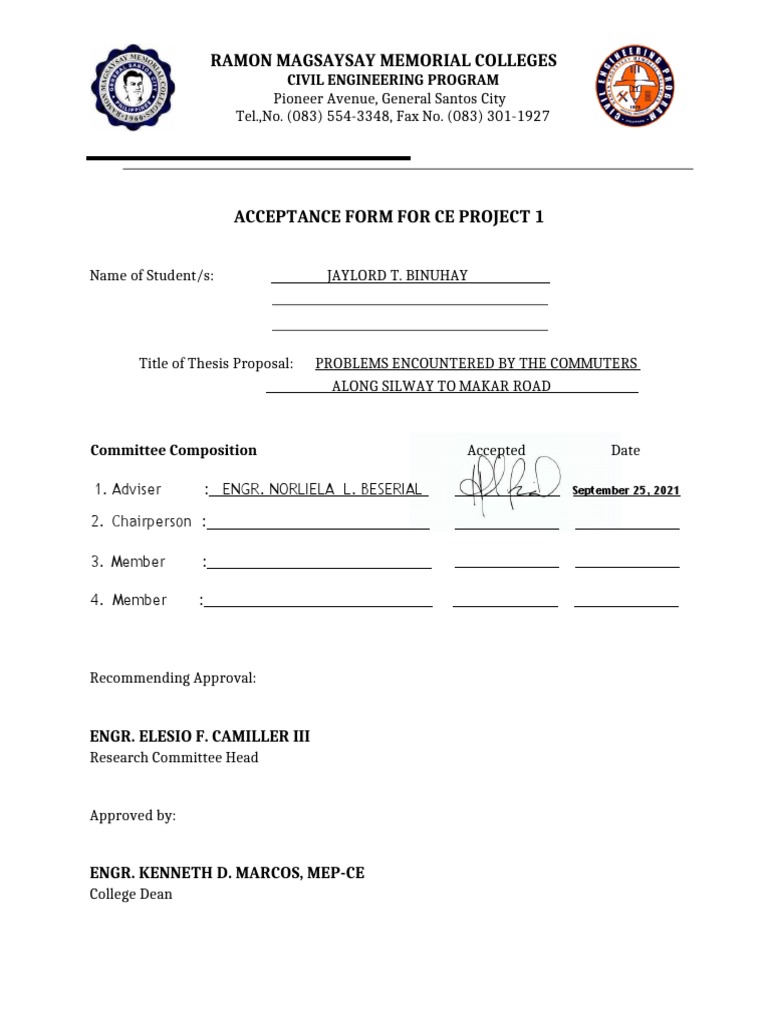 Acceptance Form For Ce Project 1 | PDF