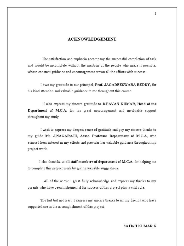 Acknowledgement: Department of M.C.A, For His Great Encouragement and Invaluable Support | PDF ...
