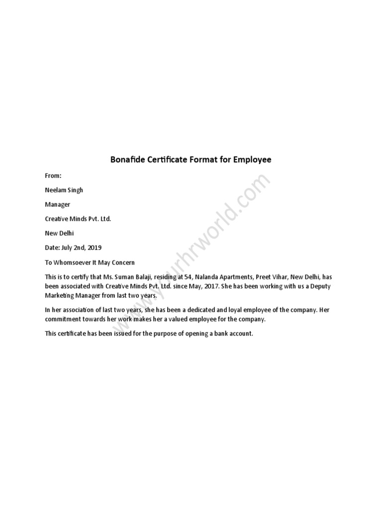 Bonafide Certificate Format For Employee | PDF