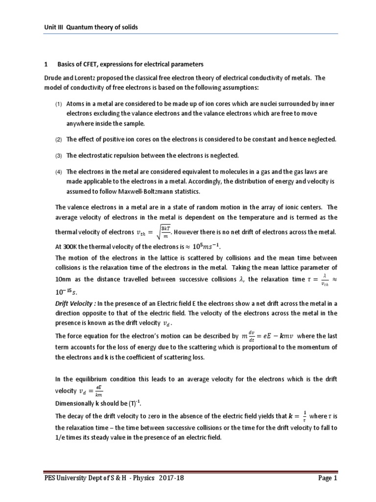 Quantum Theory of Solids Electrical Conductivity | PDF | Electrical ...