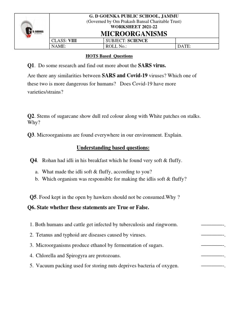 Microorganisms: Class 8 Worksheet Insights | PDF