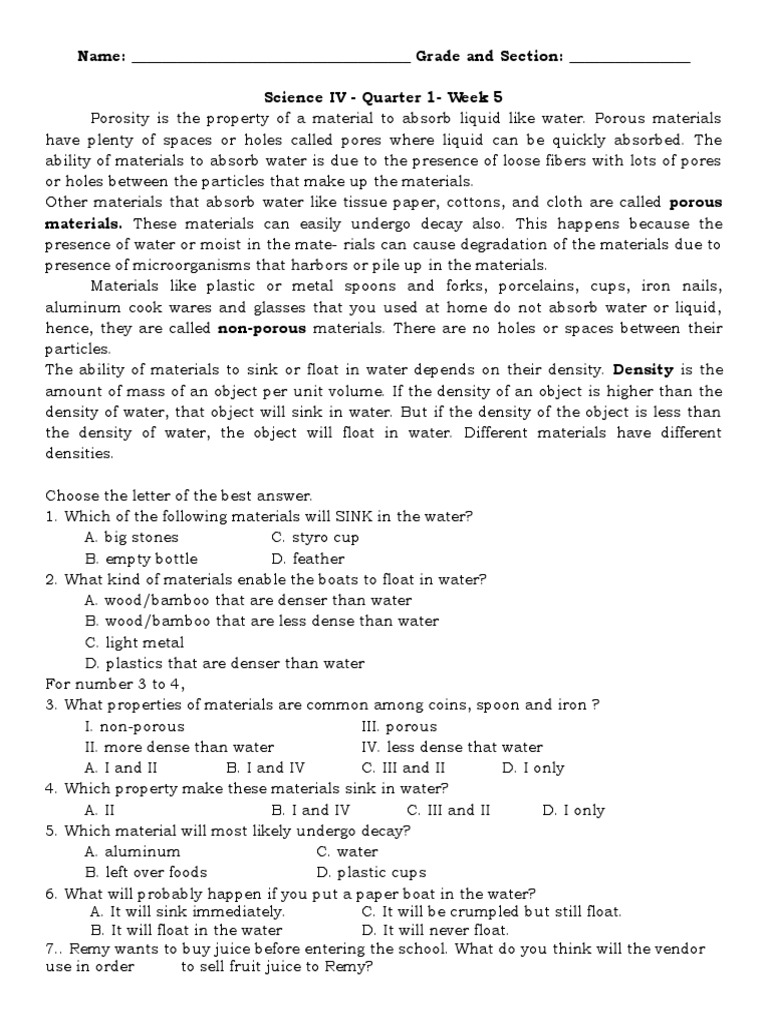 Name: - Grade and Section: - Science IV - Quarter 1-Week 5 | PDF ...