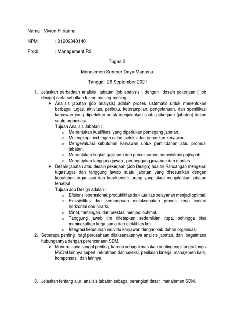 Tugas 2 MK 2021 Manajemen Sumber Daya Manusia (Vivien Fitrianna - MNJ R2) | PDF