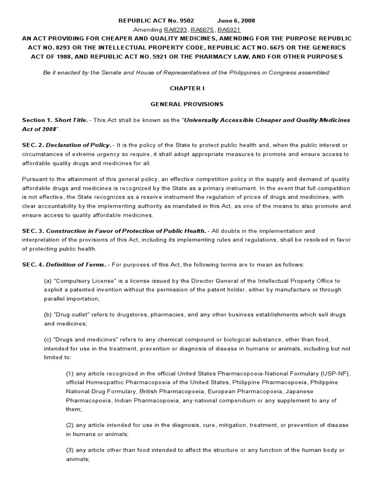 REPUBLIC ACT No 9502 | PDF | Patent | Trips Agreement