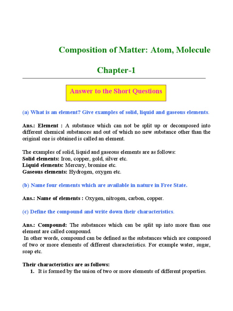 Composition of Matter: Atom, Molecule Chapter-1: Answer To The Short ...