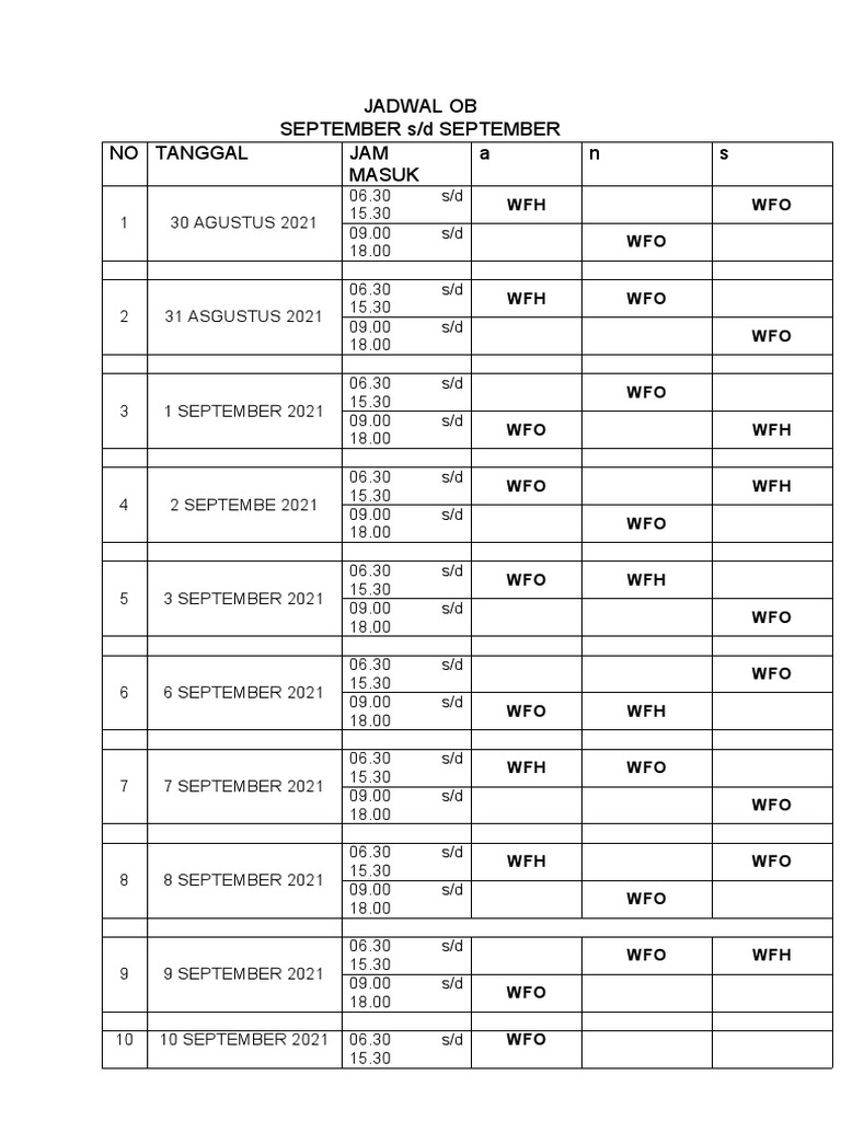Jadwal Ob September S/D September No Tanggal JAM Masuk A N S | PDF