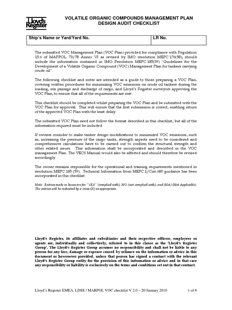 LR VOC Plan Checklist | PDF | Volatile Organic Compound | Oil Tanker