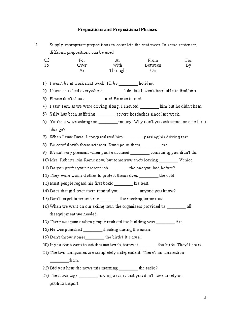 Prepositions and Prepositional Phrases-Extra Worksheet | PDF