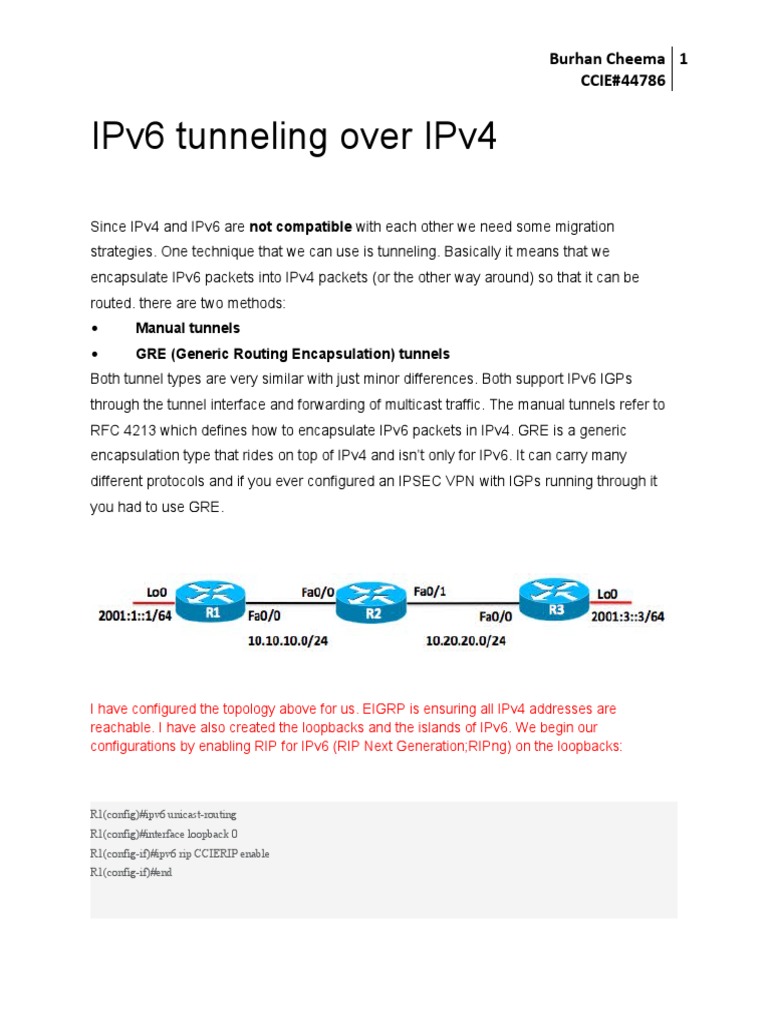 Ipv6 Tunneling Over Ipv4: Burhan Cheema Ccie#44786 1 | PDF