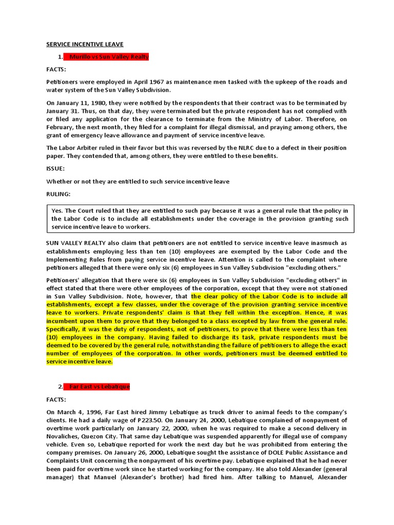 SERVICE INCENTIVE LEAVE Digests | PDF | Overtime | Employment