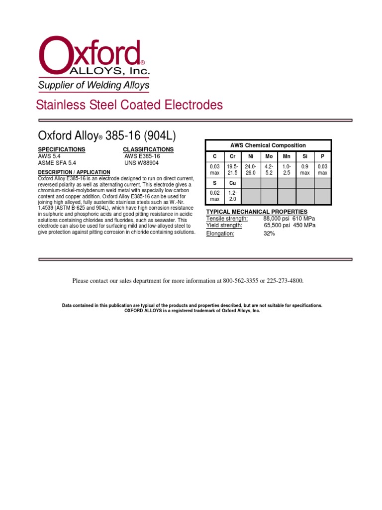 Oxford Alloy 385-16 (E385) | PDF