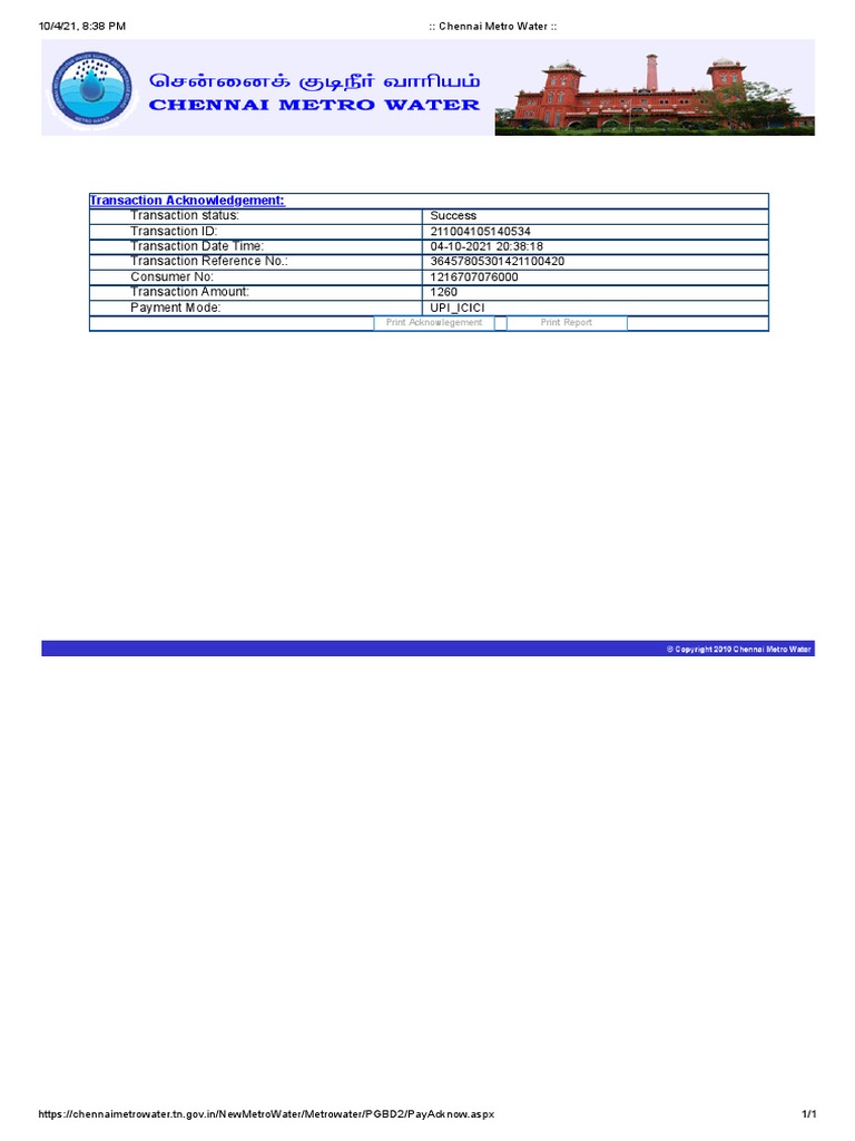 Chennai Metro Water - Receipt | PDF | Finance & Money Management