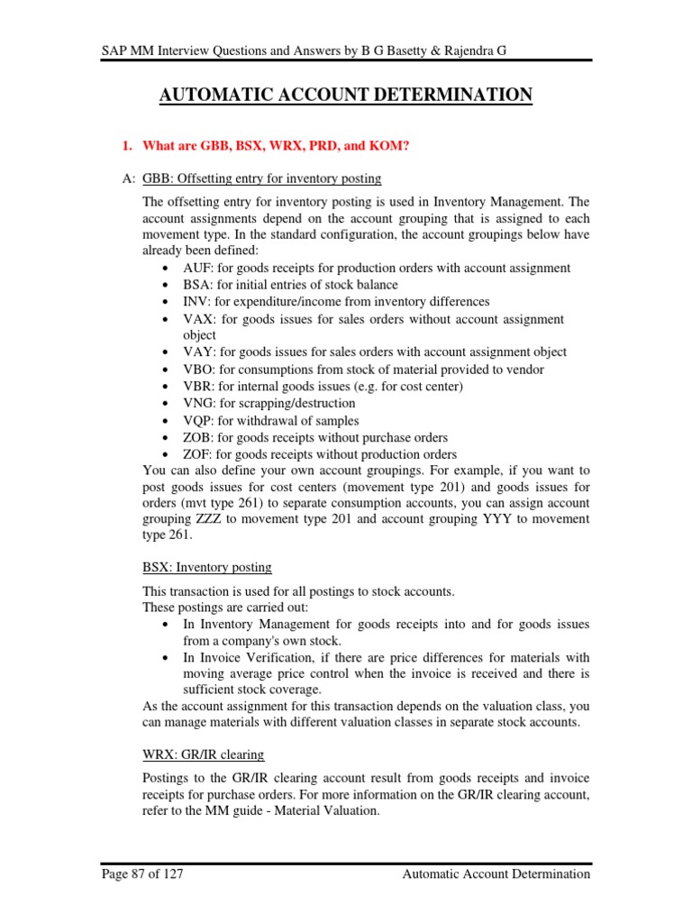 Automatic Account Determination: 1. What Are GBB, BSX, WRX, PRD, and ...