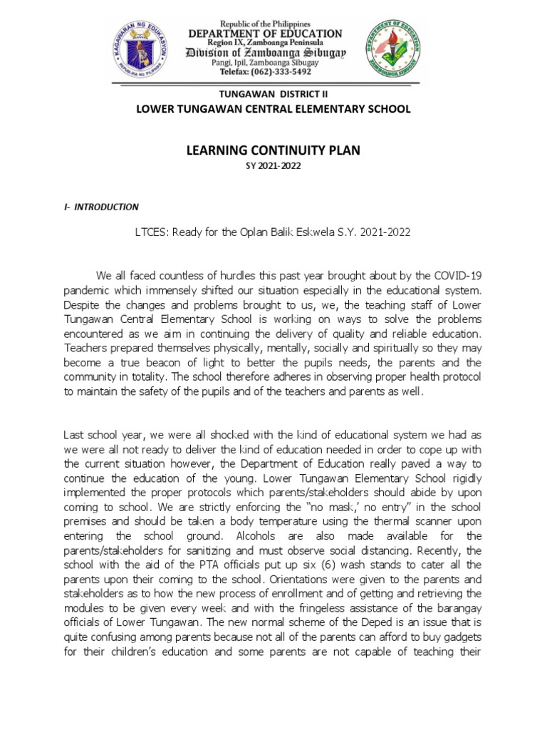 Learning Continuity Plan: Lower Tungawan Central Elementary School ...