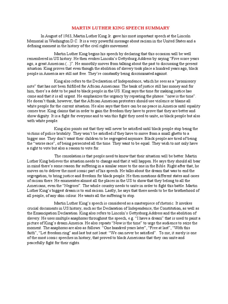Martin Luther King Speech Summary | PDF | Justice | Crime & Violence