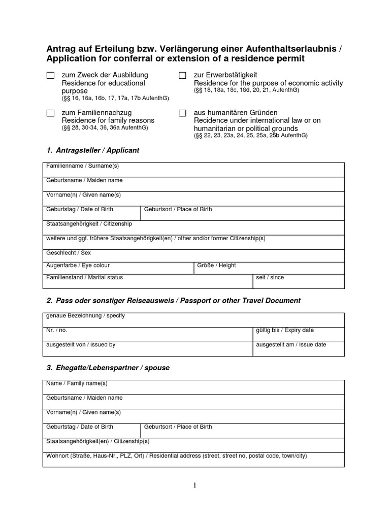 Antrag Auf Erteilung, Verlängerung Einer Aufenthaltserlaubnis ...