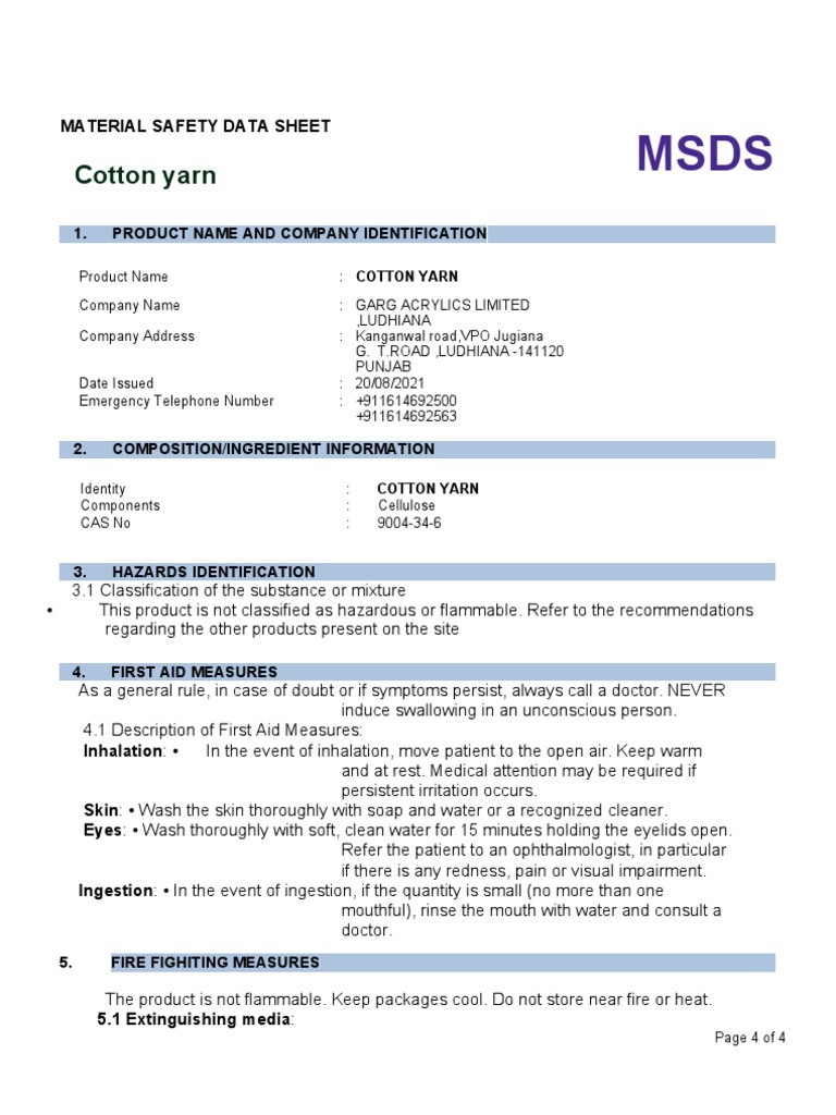 Cotton Yarn: Material Safety Data Sheet | PDF | Breathing | Waste