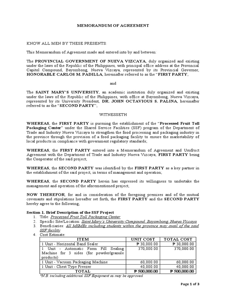 Draft Memorandum of Agreement | PDF | Private Law | Common Law