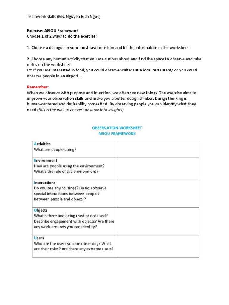 AEIOU Framework Observation Exercise | PDF | Behavioural Sciences ...