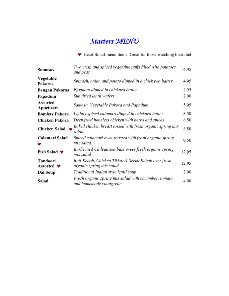 Starters MENU | PDF | Cooking, Food & Wine