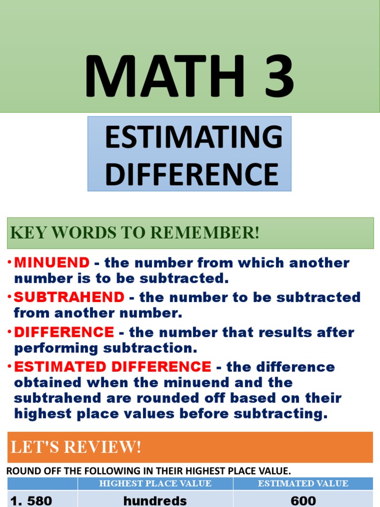 Math 3u - Estimating Difference | PDF | Subtraction | Elementary Mathematics