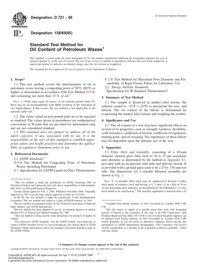 Oil Content of Petroleum Waxes: Standard Test Method For | PDF ...
