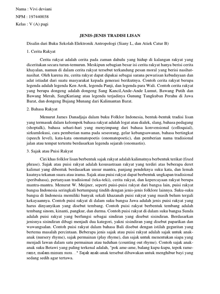 Vivi Deviani - 197440038 - Jenis-Jenis Tradisi Lisan | PDF