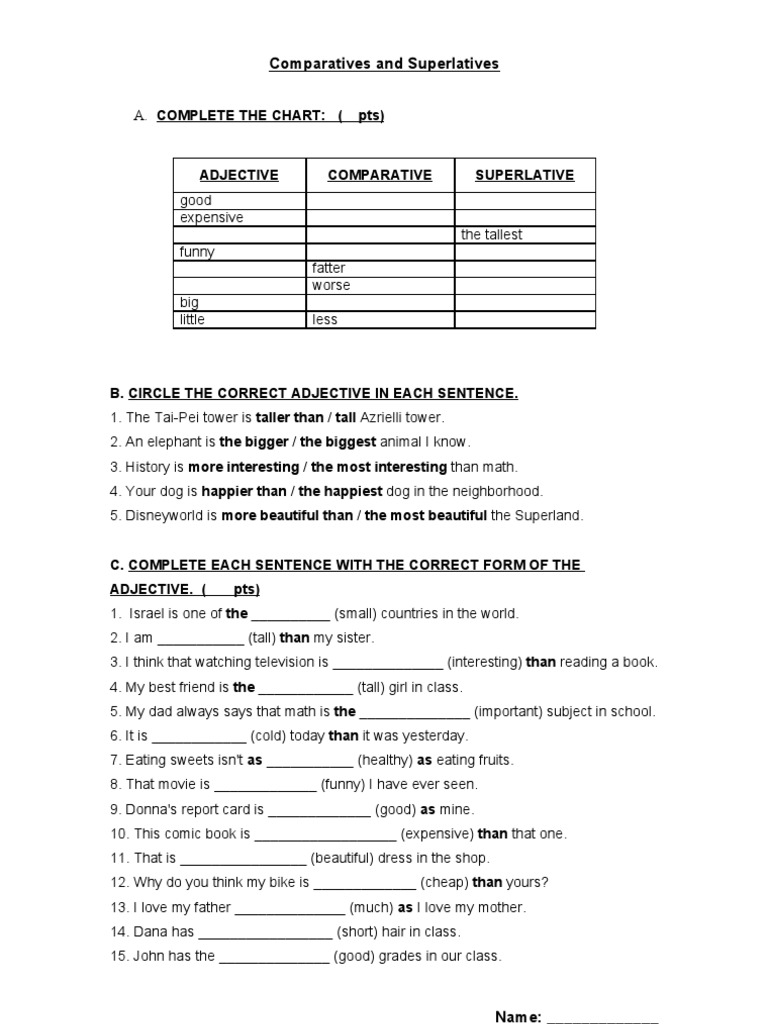 Comparatives and Superlatives: Complete The Chart: (PTS) | PDF ...