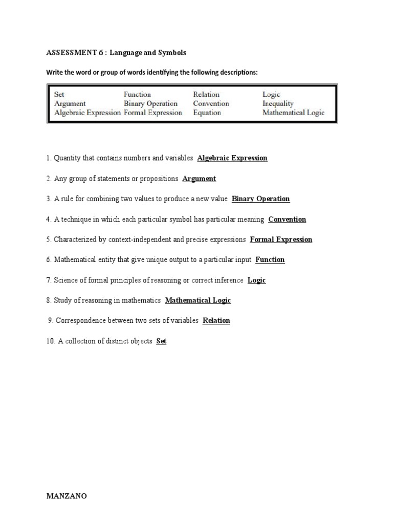 ASSESSMENT 6: Language and Symbols: Write The Word or Group of Words ...